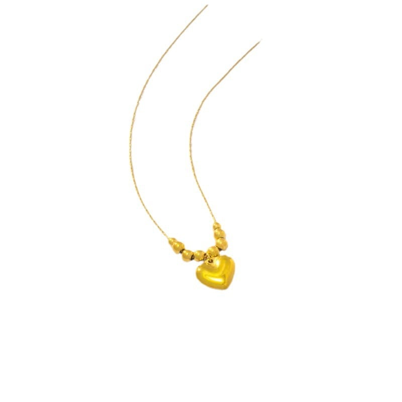 Gold Heart Pendant Necklace, Snake Chain with Cube Beads, 18K Plated ...
