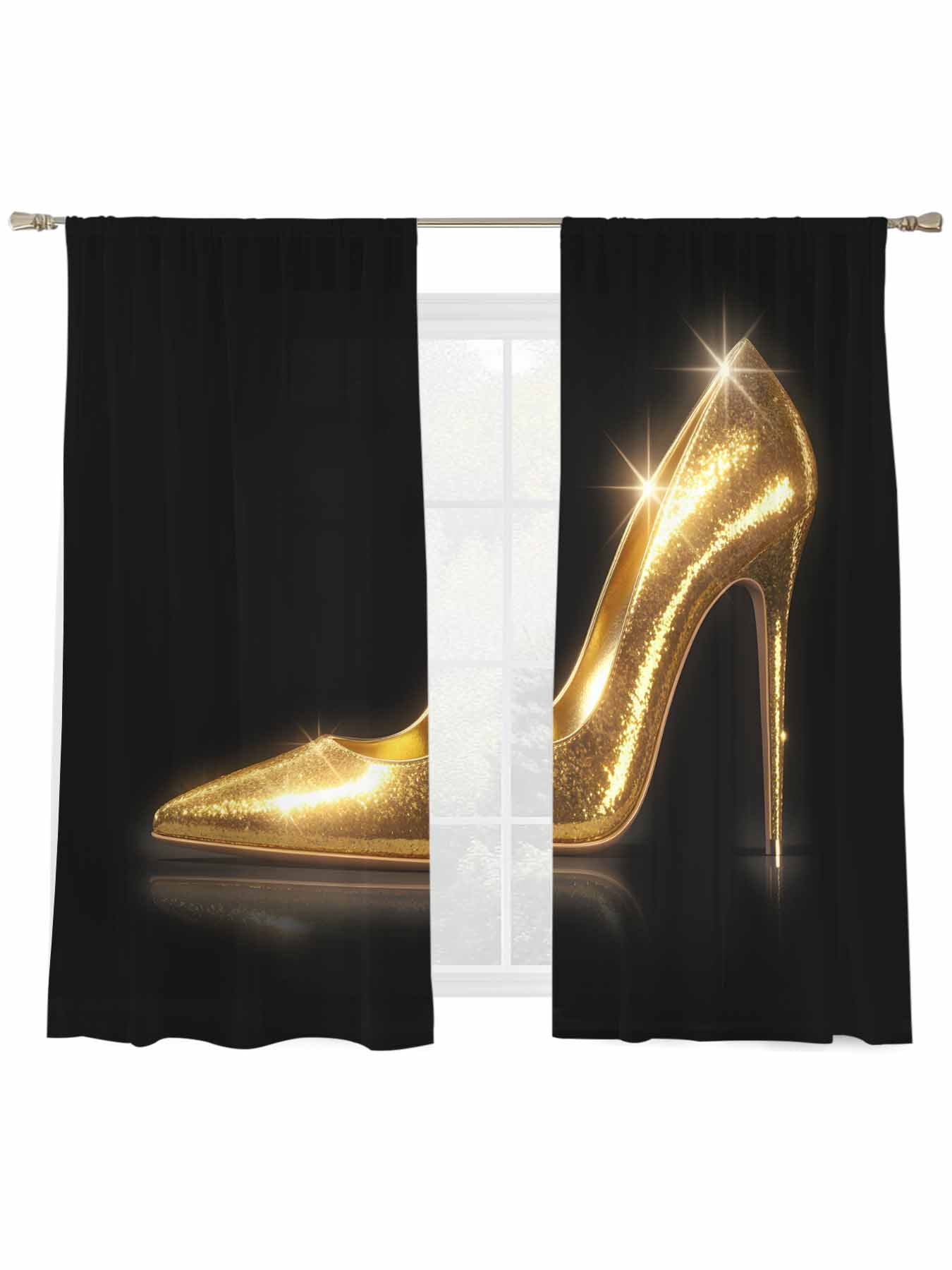 Gold Heels Shoes Sheer Curtains 2 Panels Set Abstract Art Modern Black ...