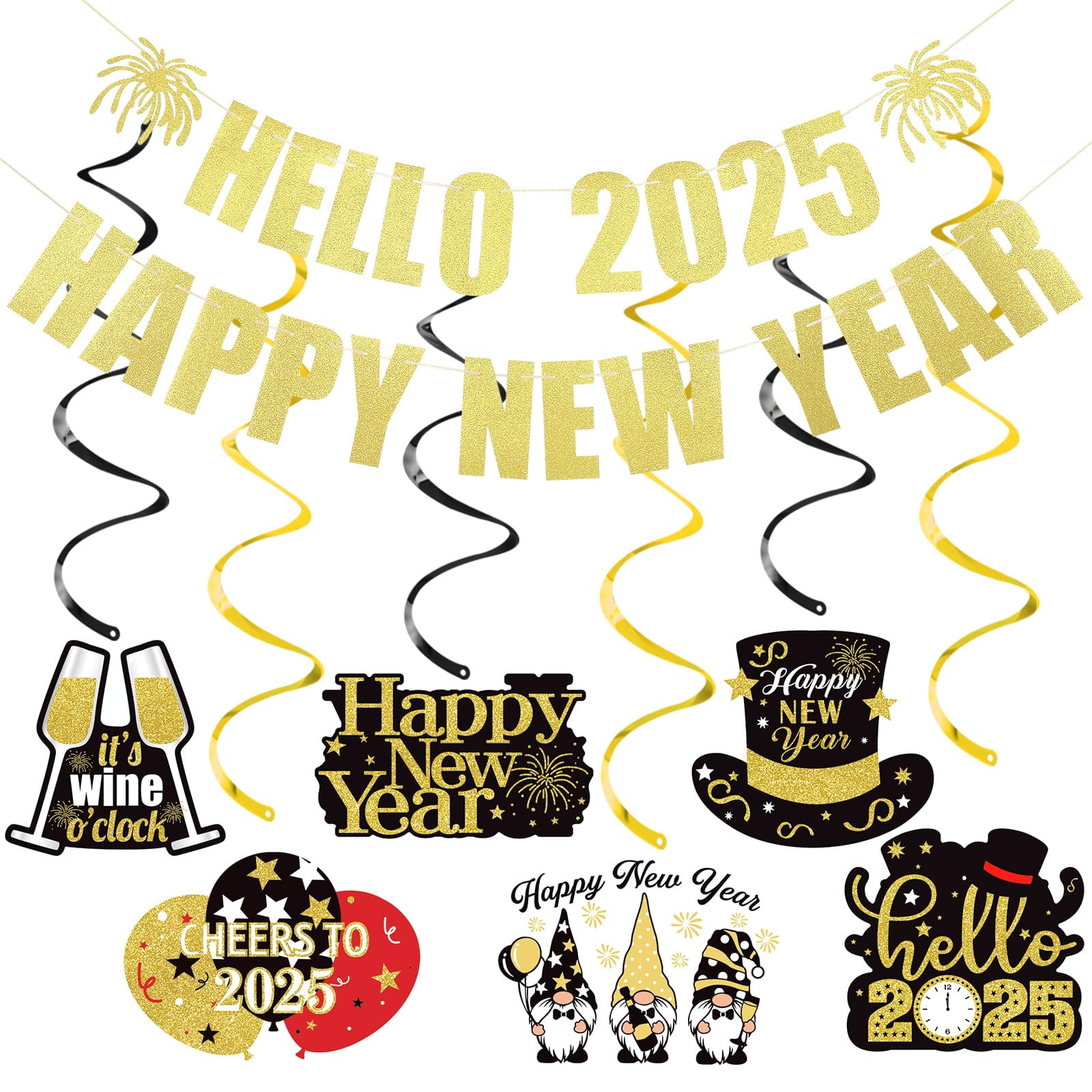 Gold Hello 2025 Happy New Year Banner and New Years Hanging Swirls, New ...