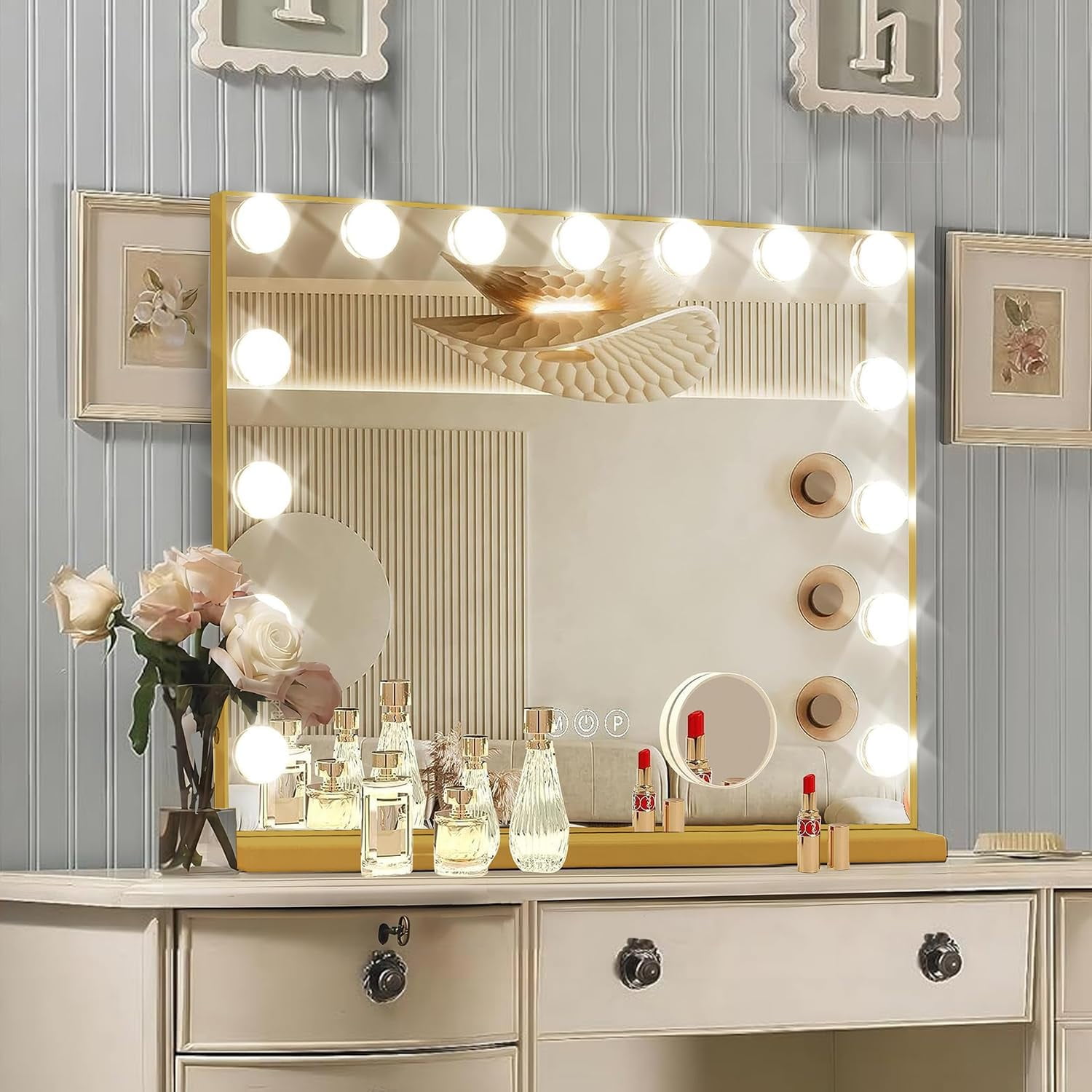 Gold Hollywood Vanity Mirror with Lights, 15 Dimmable Bulbs, 3 Color ...