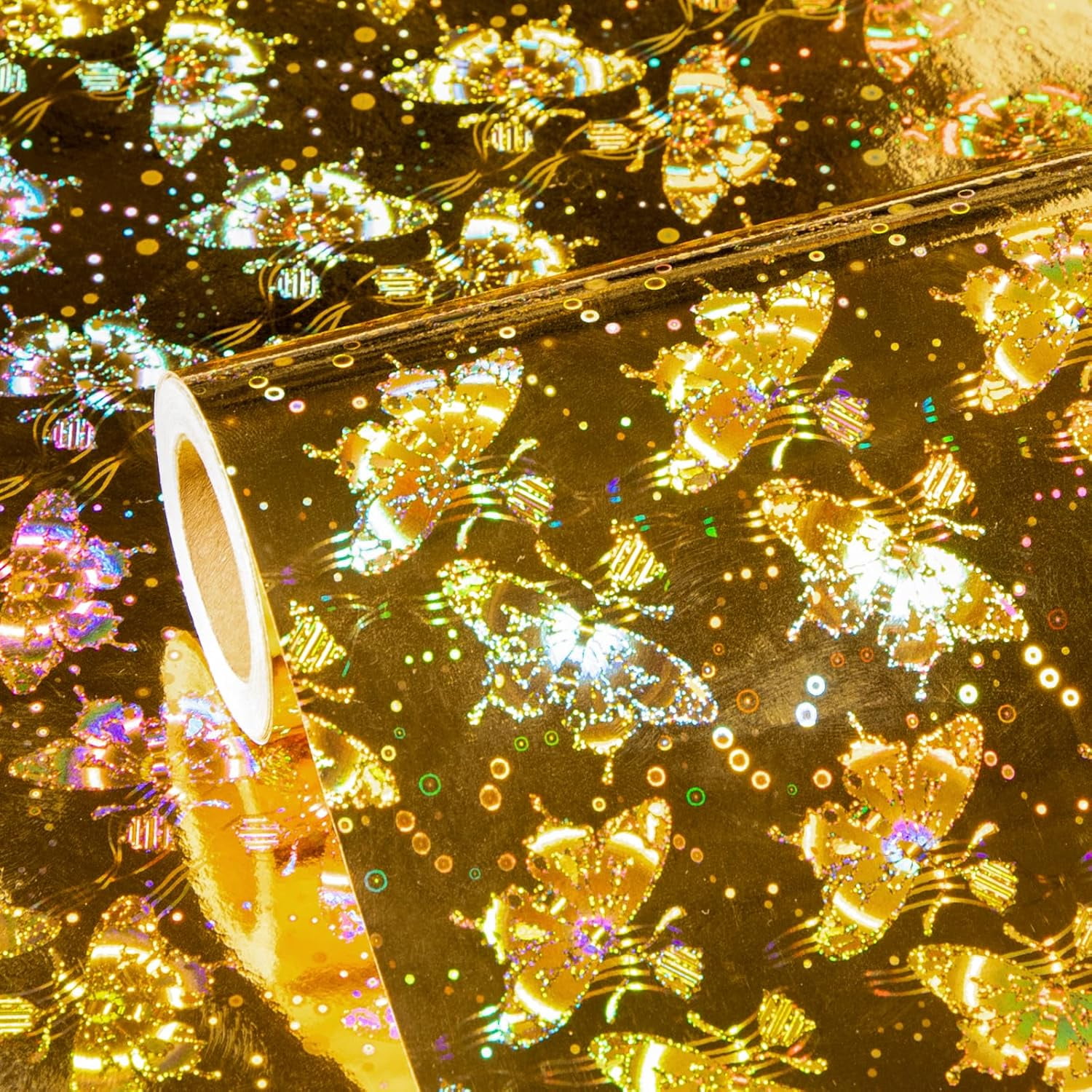Gold Holographic Wrapping Paper - Mini Roll - Gold Butterfly Print ...