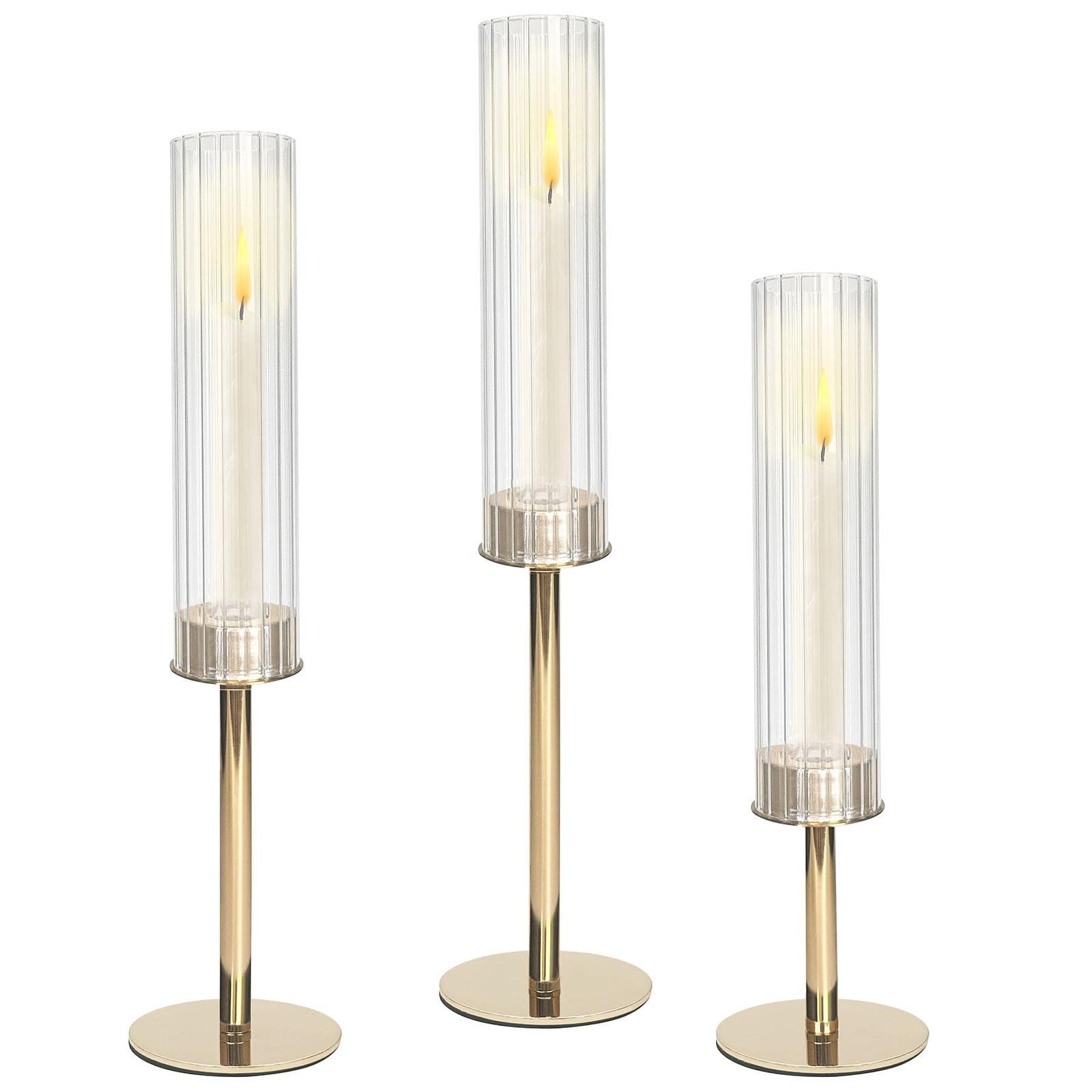 Gold Hurricane Candle Holders- 3 PCS Glass Fluted Candle Holder Set ...