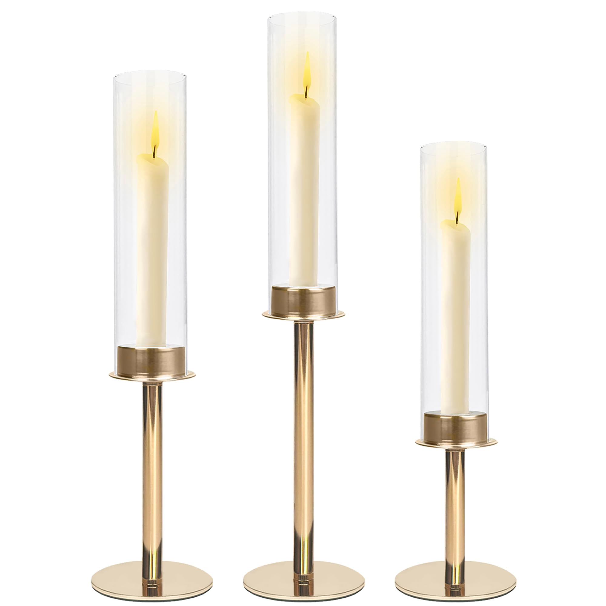 Gold Hurricane Candle Holders, Glass Fluted Candle Holder Set of 3 ...
