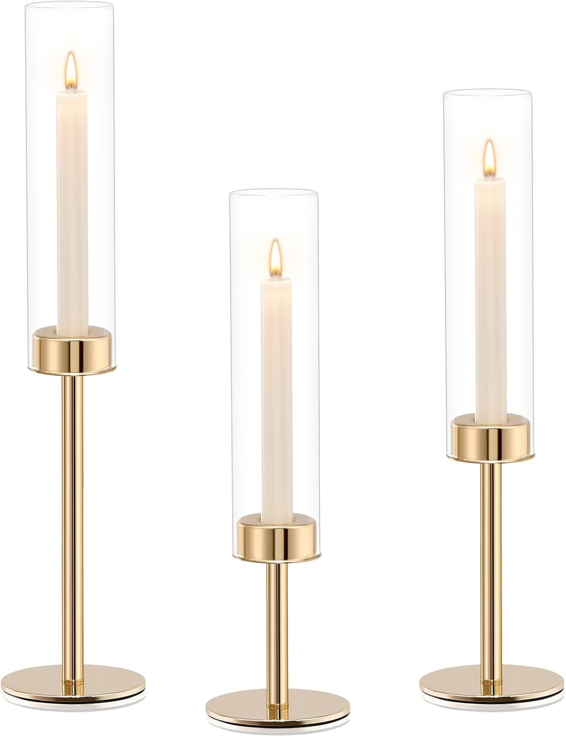 Gold Hurricane Candle Holders Set of 3, Tall Metal & Windproof Glass ...