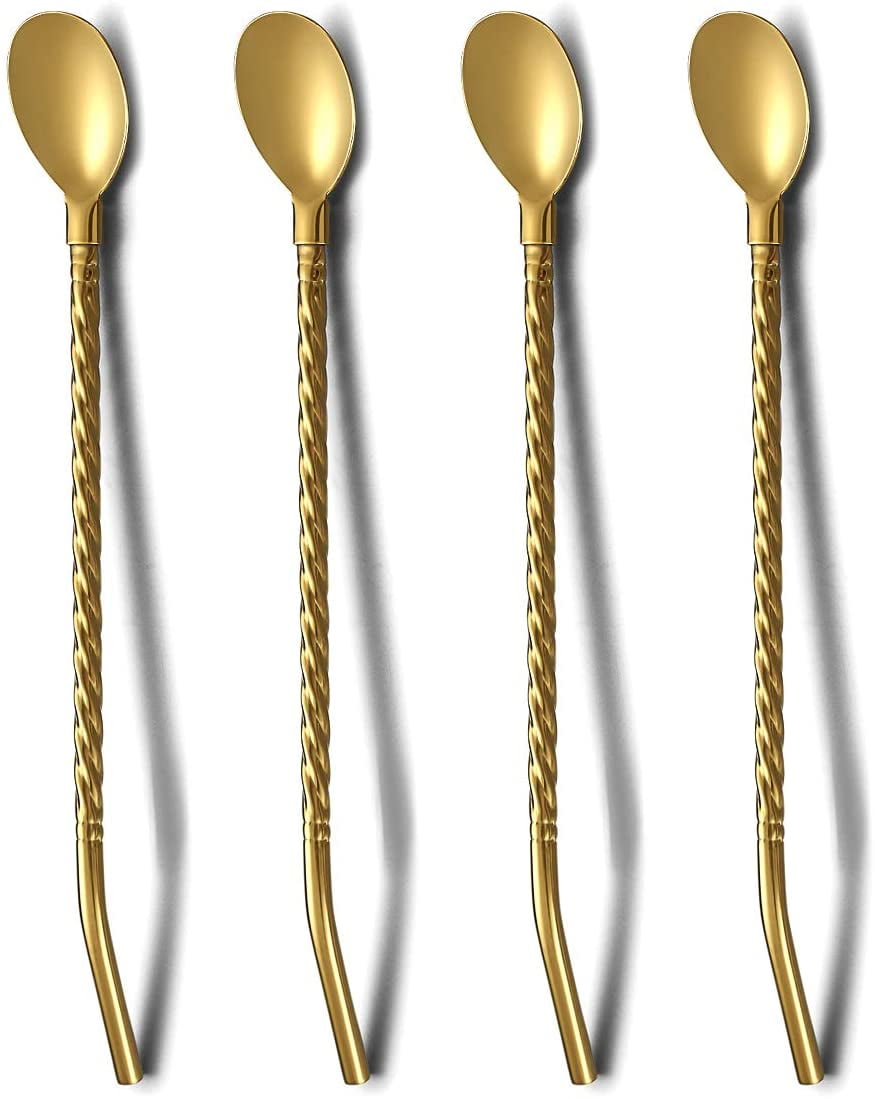 Gold Iced Tea Spoon With Straw Handle For Drinking, 4 Pieces 8.7 ...