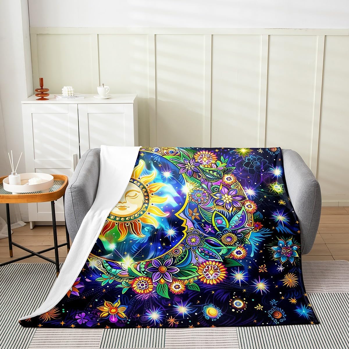 Gold Indian Sun Throw Blanket Cartoon Retro Flowers Moon Exotic Flannel ...