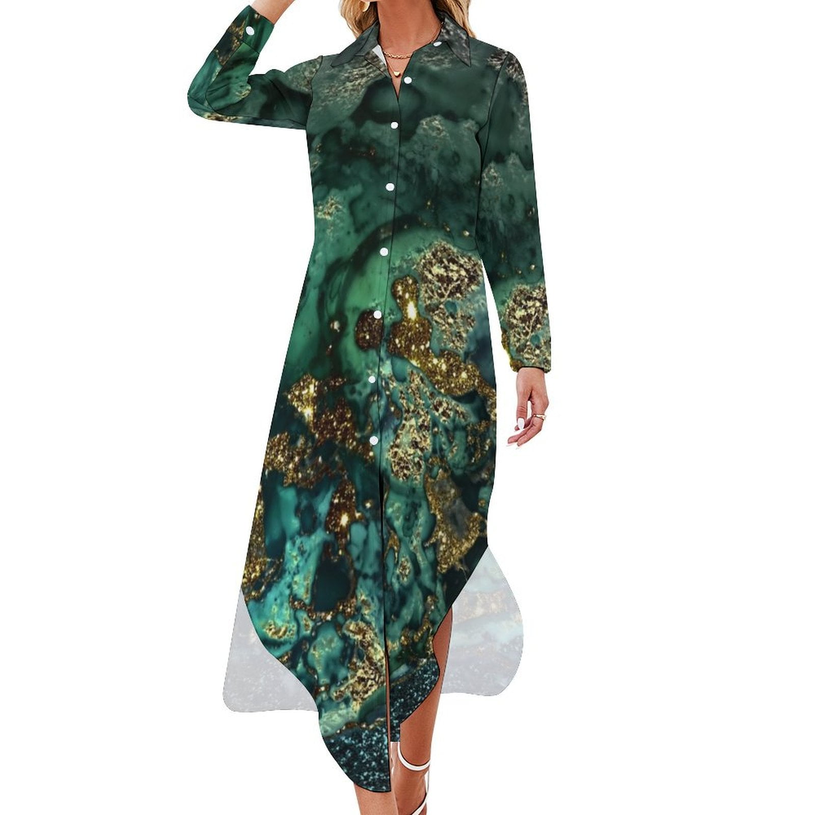 Gold Indigo Faux Malachite Marble Long Sleeved Shirt Dress Dress woman ...