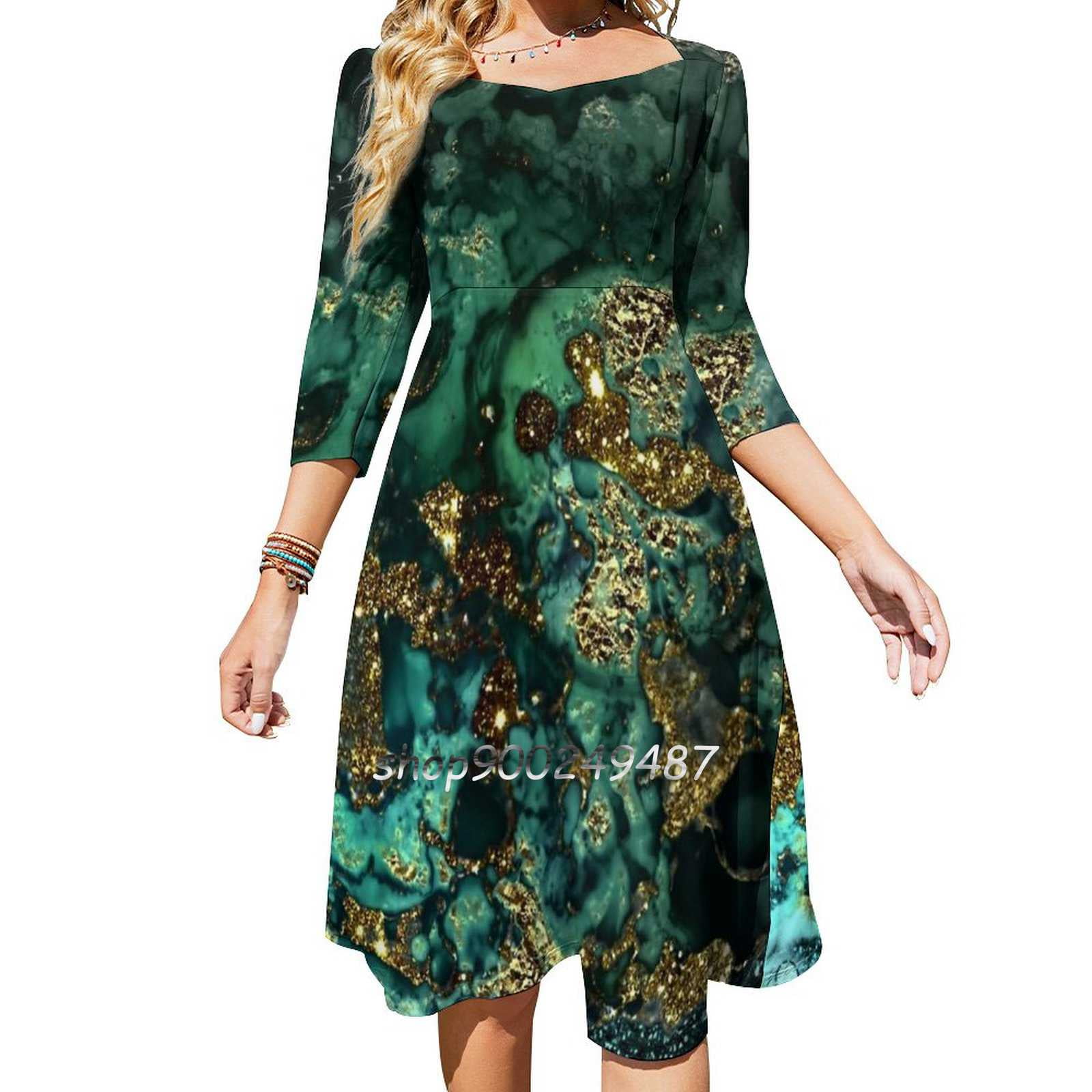Gold Indigo Faux Malachite Marble Sweetheart Knot Flared Dress Fashion Design Large Size Loose ...