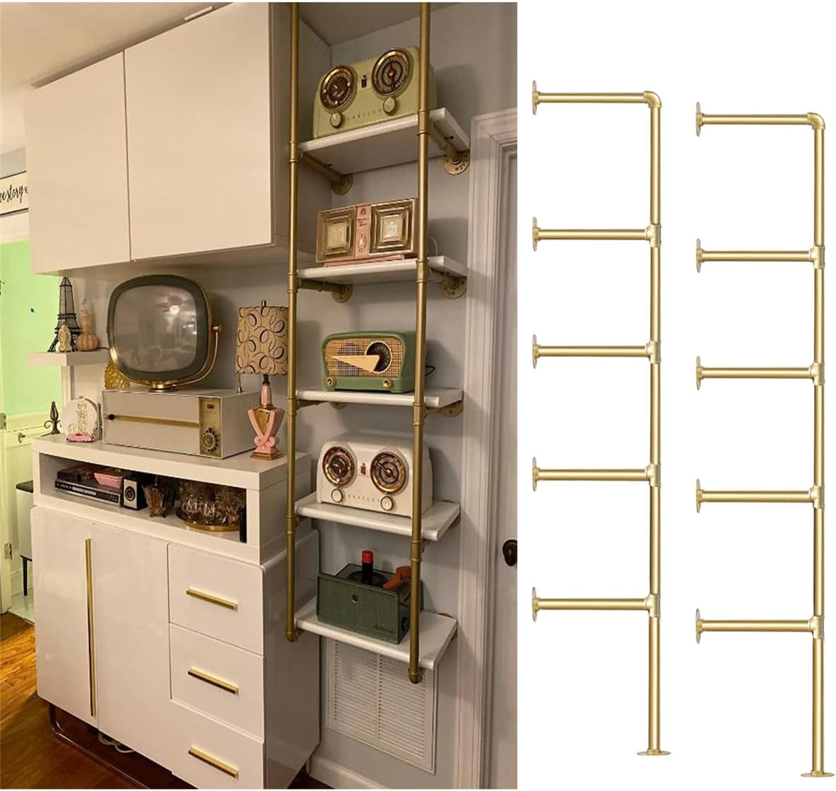 Gold Industrial Wall Mount Iron Pipe Shelf Bracket, DIY Open Bookshelf ...