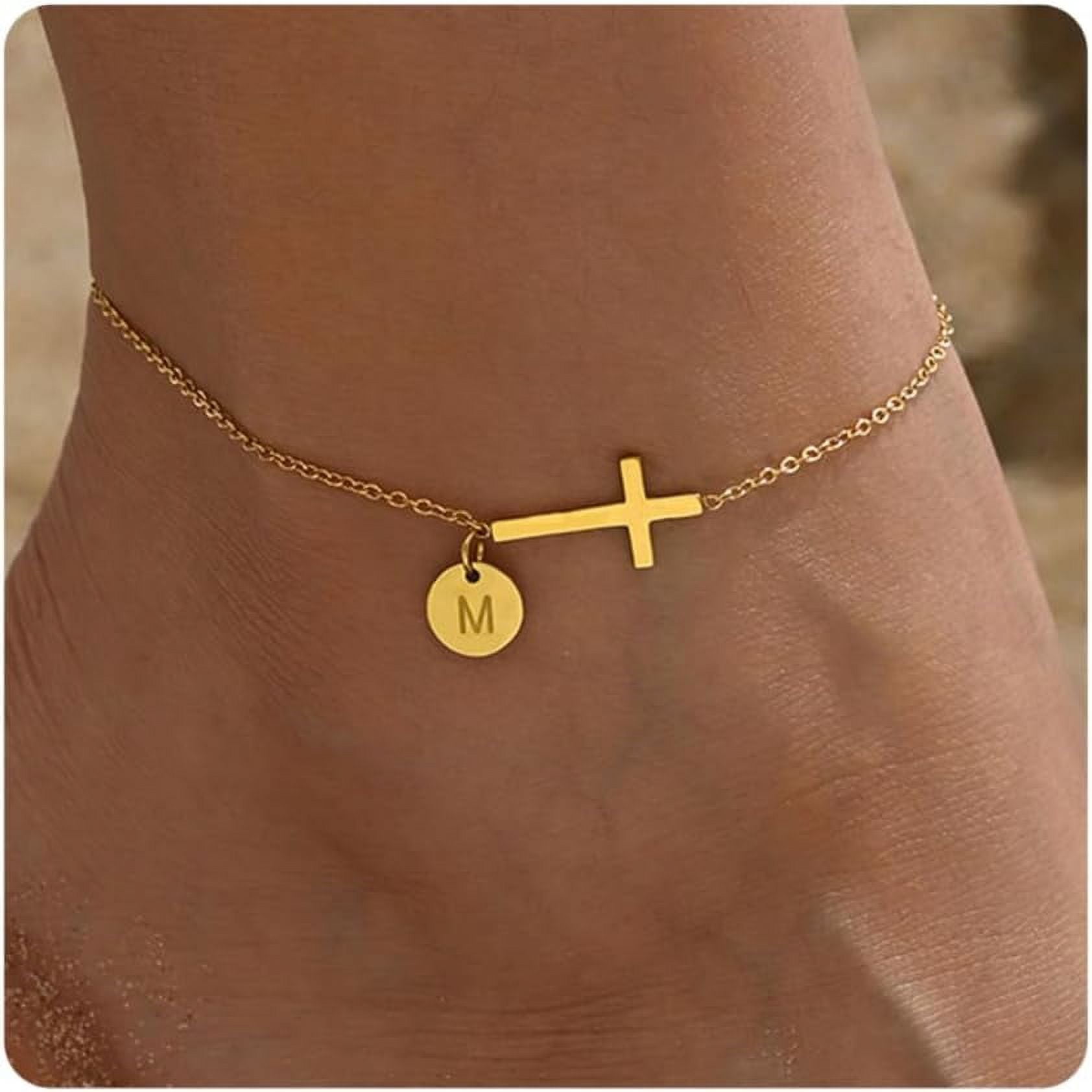 Gold Initial Ankle Bracelets For Women Dainty Waterproof Gold Cross Chain Anklet Personalized A ...