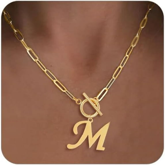 Gold Initial Necklaces For Women- Vintage 18K Gold Plated Toggle Letter ...
