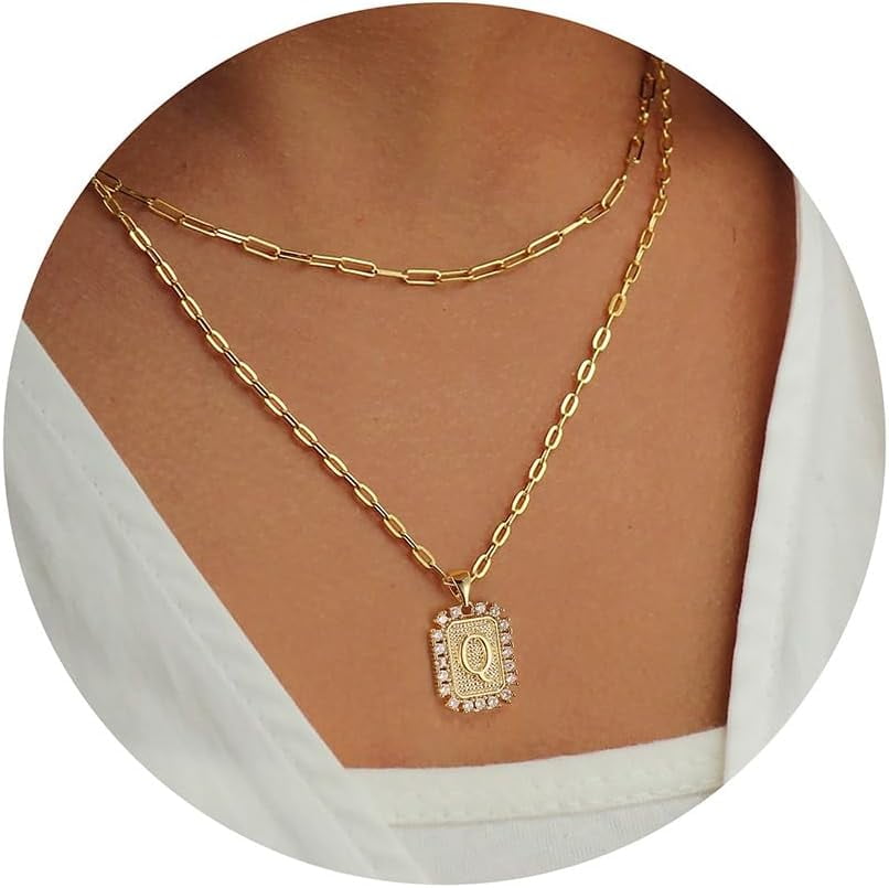 Gold Initial Necklaces For Women 14k Gold Plated Layered Paperclip