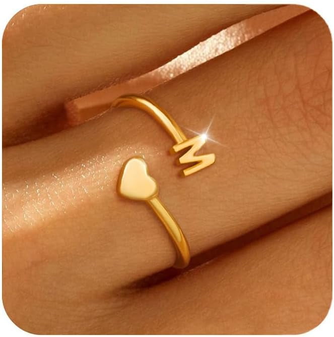 Gold Initial Rings for Women Non Tarnish 18K Gold Plated Heart Initial ...
