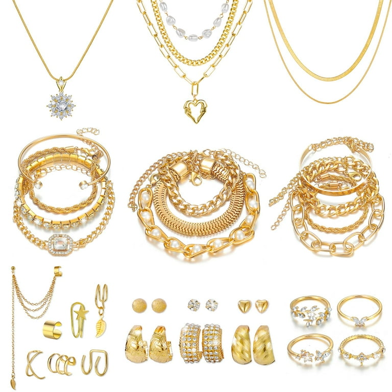 Gold Jewelry Set for Women Girls Multi Layered Necklaces Bracelet Rings Earrings Variety Pack Affordable Value Jewelry Set