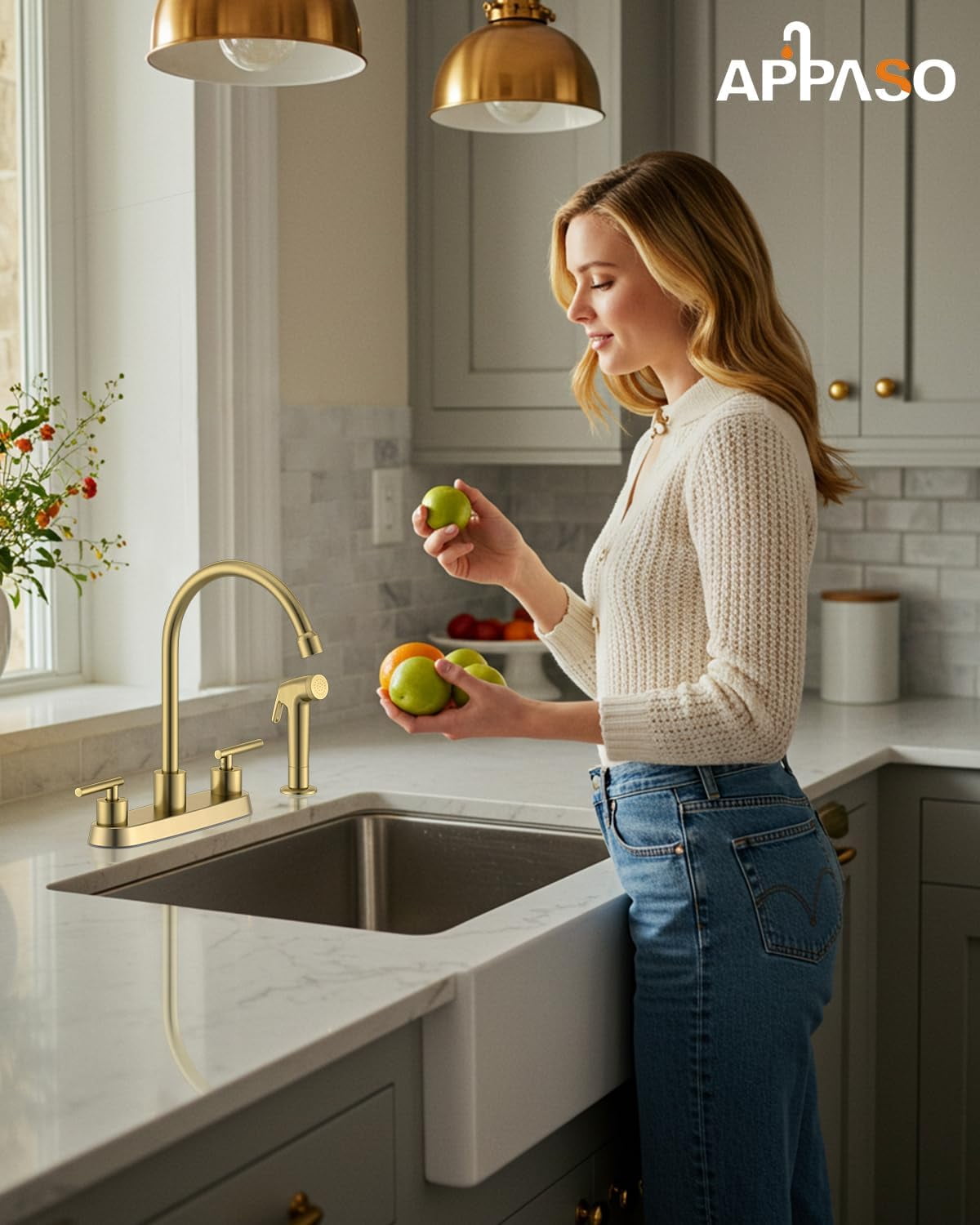 Gold Kitchen Faucet with Side Sprayer, 2-Handle High Arch SUS304 ...