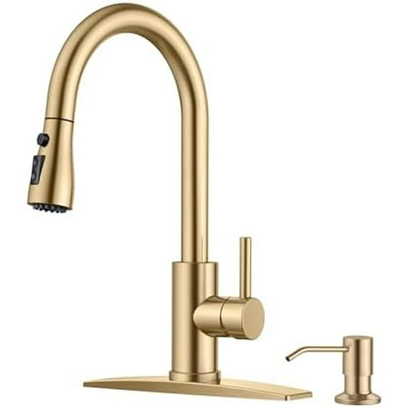 Gold Kitchen Faucet with Soap Dispenser and Pull Down Sprayer, Bar High ...