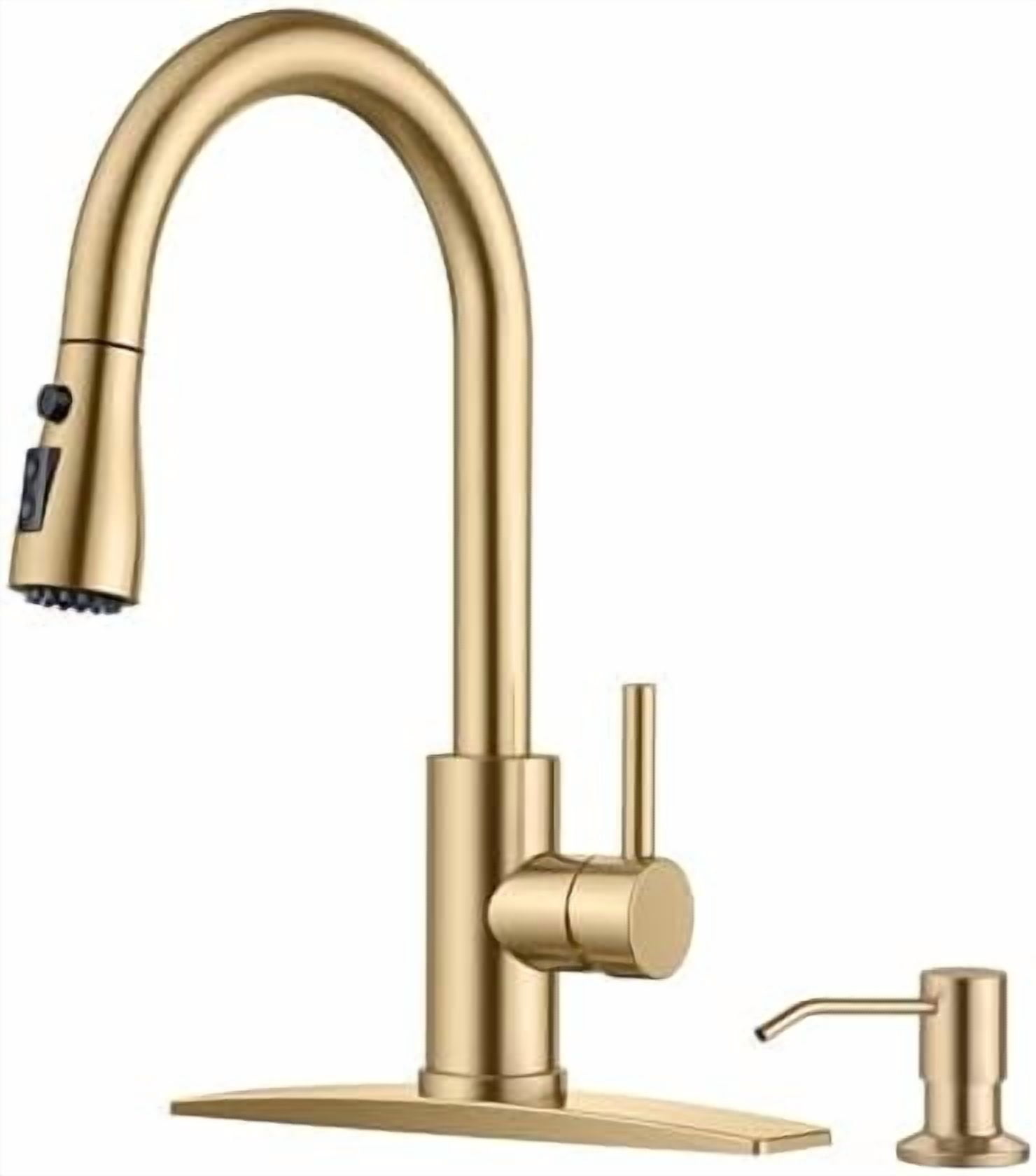 Gold Kitchen Faucet with Soap Dispenser and Pull Down Sprayer, Bar High ...