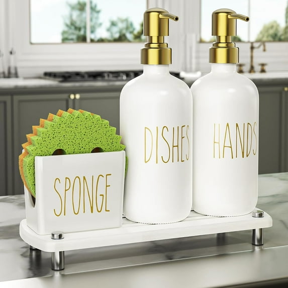 Gold Kitchen Soap Dispenser Set with Ceramics Sponge Holder and Brush ...