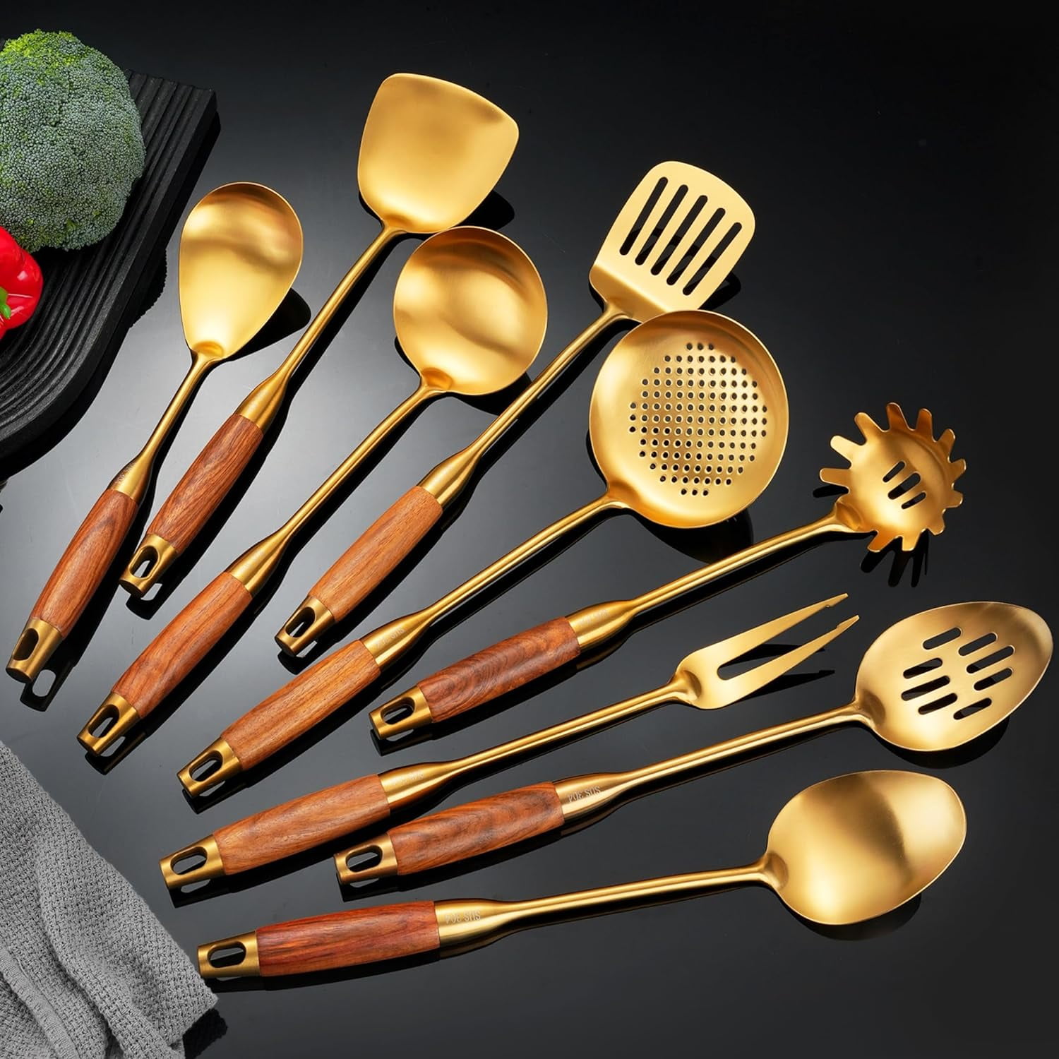 Gold Kitchen Utensils Set, 9 PCS 304 Stainless Steel Cooking tools Wood ...