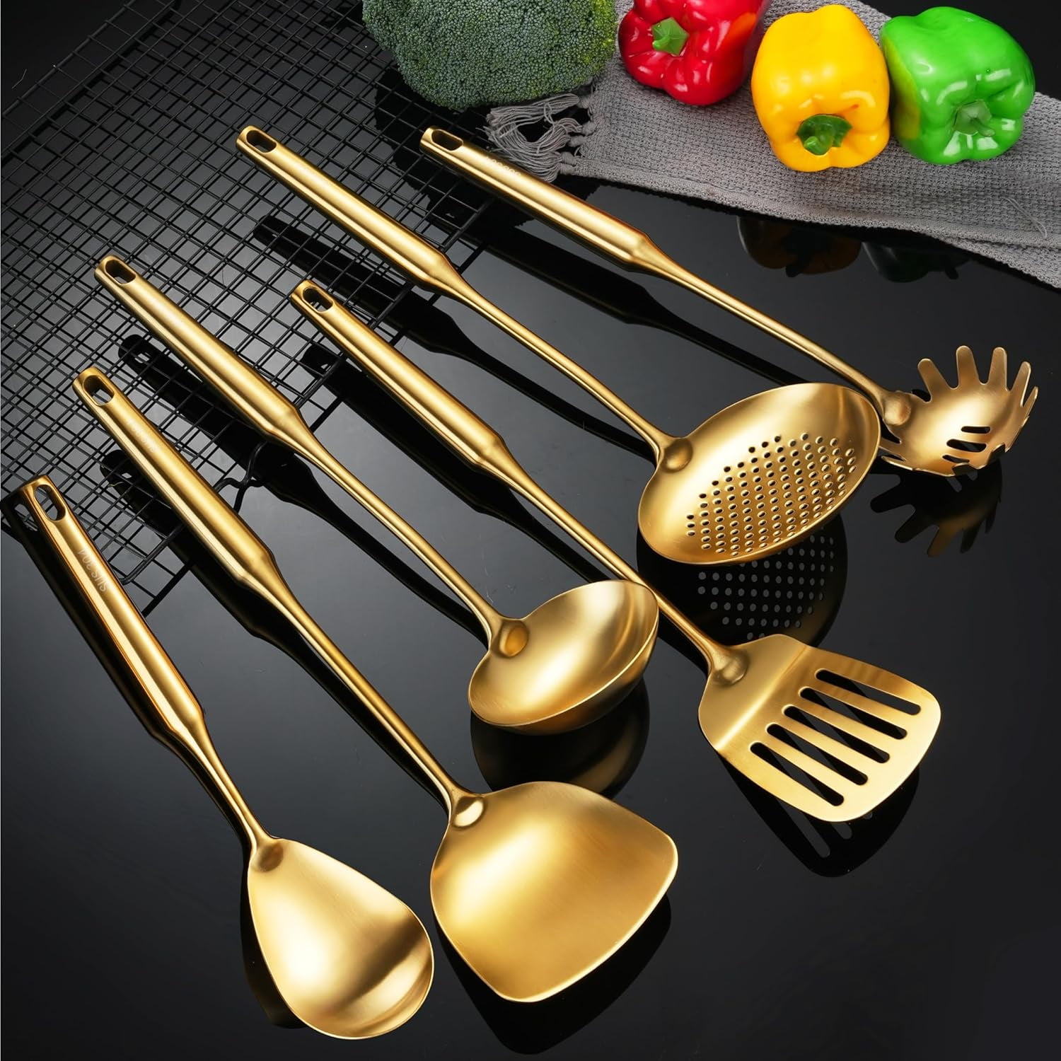 Gold Kitchen Utensils Set Stainless Steel 6 Pcs Professional All Metal ...
