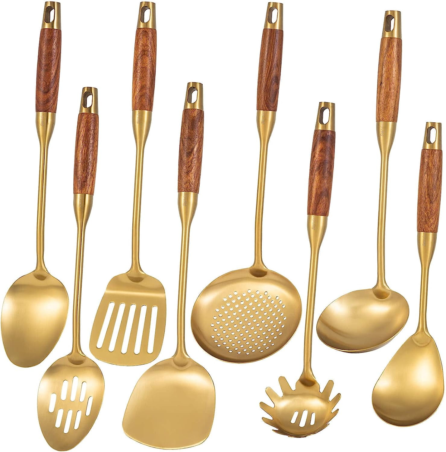 Gold Kitchen Utensils Set with Wooden Handle, 8 PCS Brass 304 Stainless Steel Cooking Utensil ...