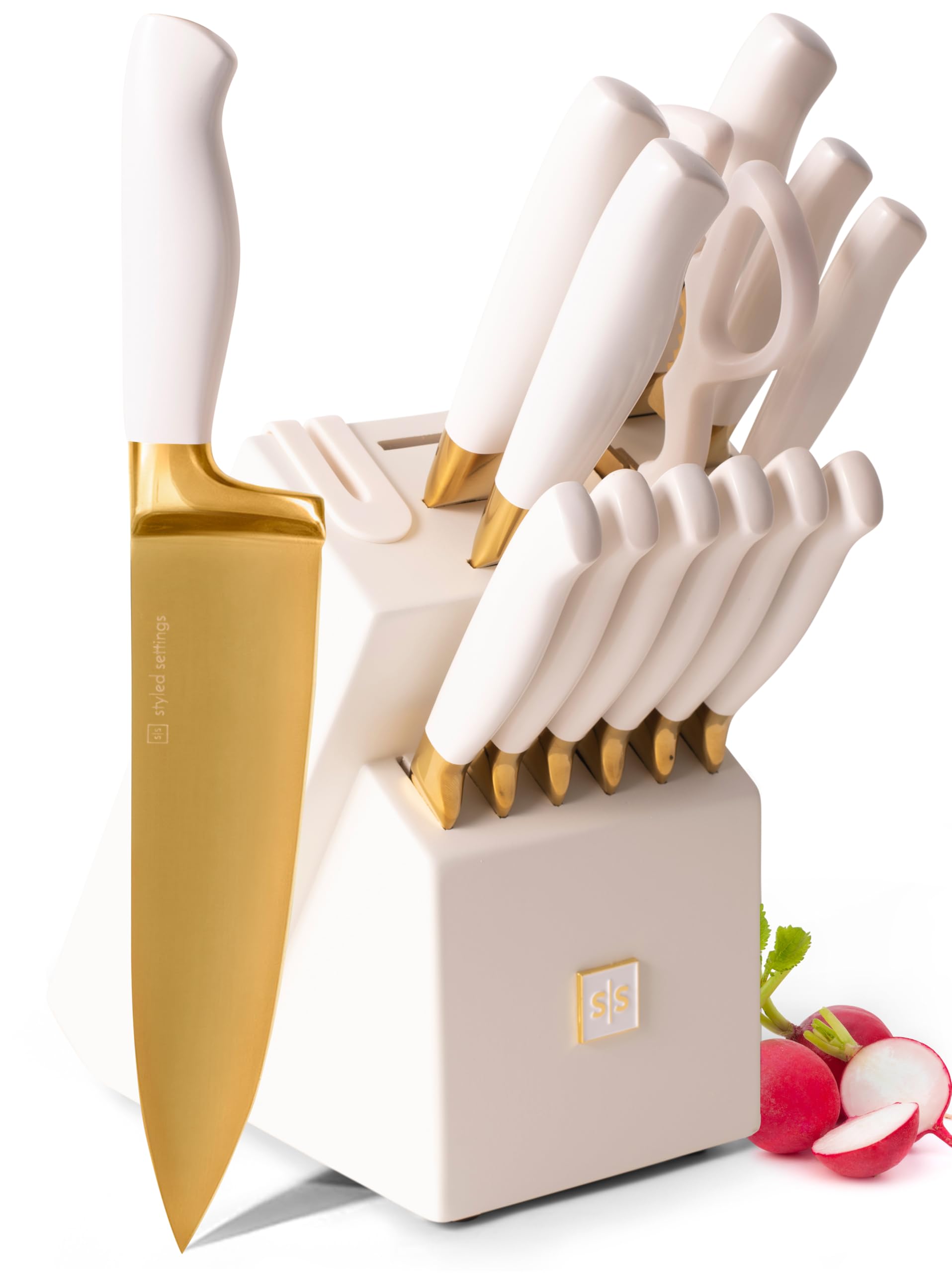 Gold Knife Set With Block Self-Sharpening - 14-Piece Titanium Coated ...