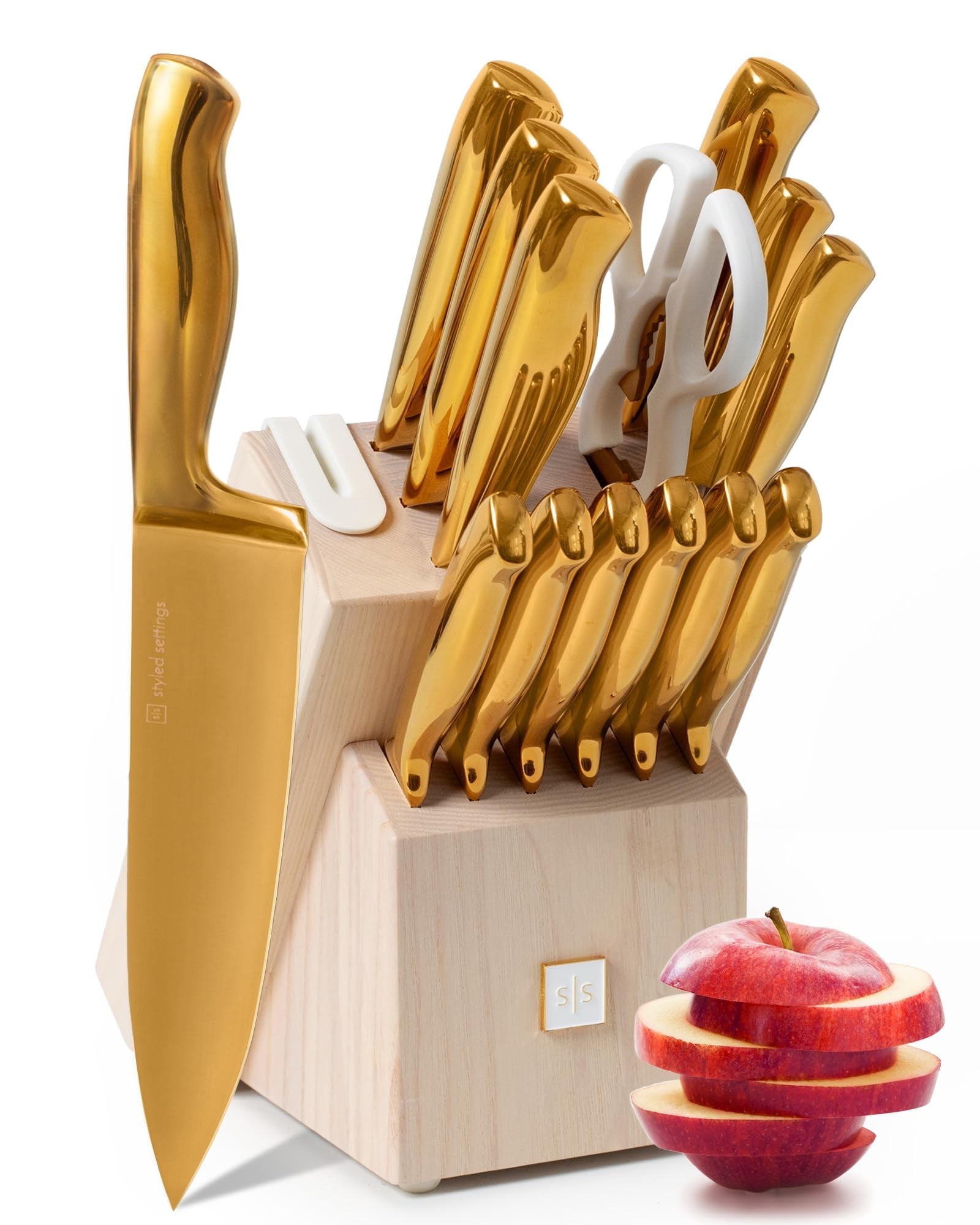 Gold Knife Set for Kitchen with Block and Sharpener - 14 Piece Razor ...