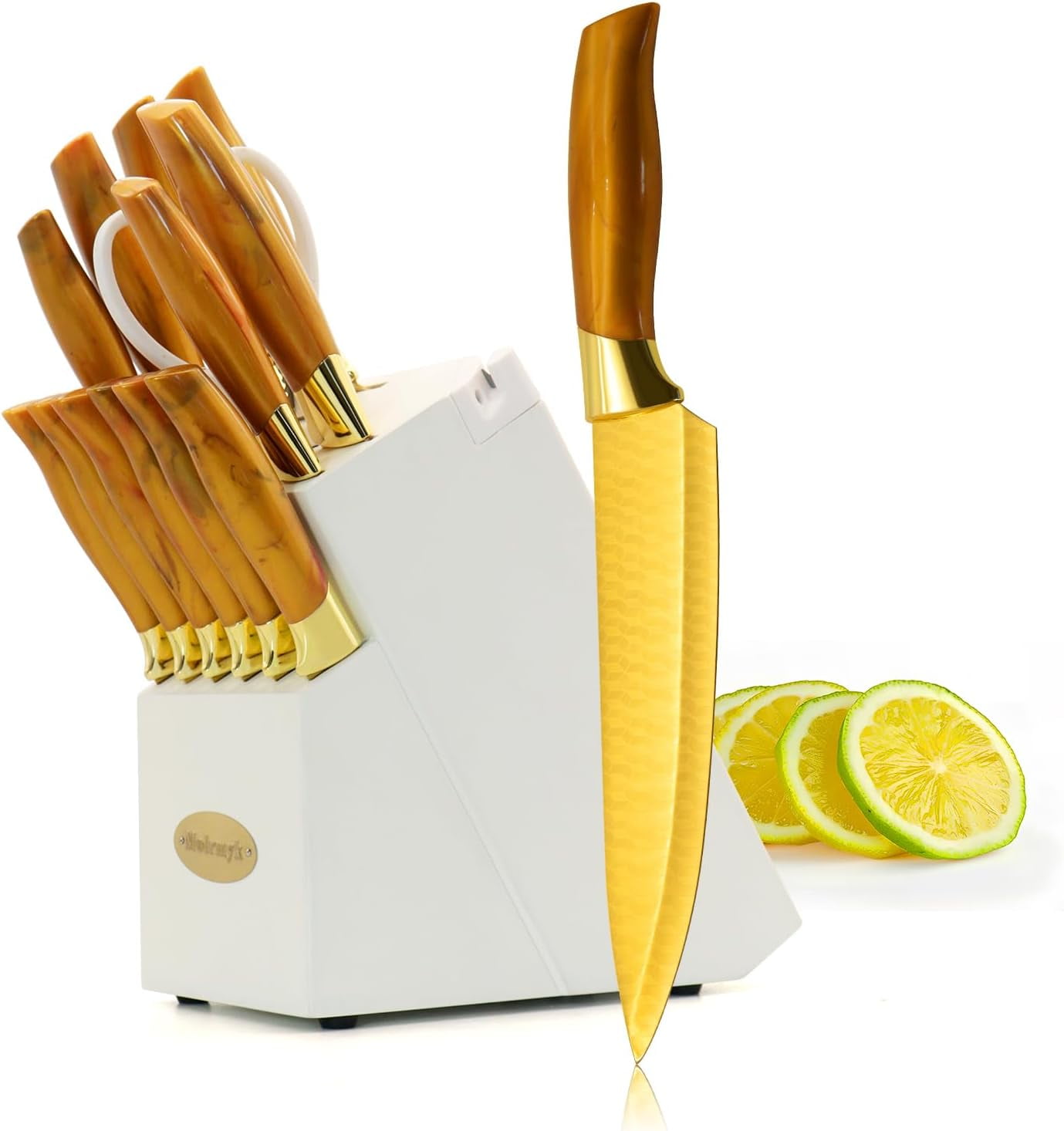 Gold Knife Set with White Knife Block, Thick and Sharp Stainless Steel ...