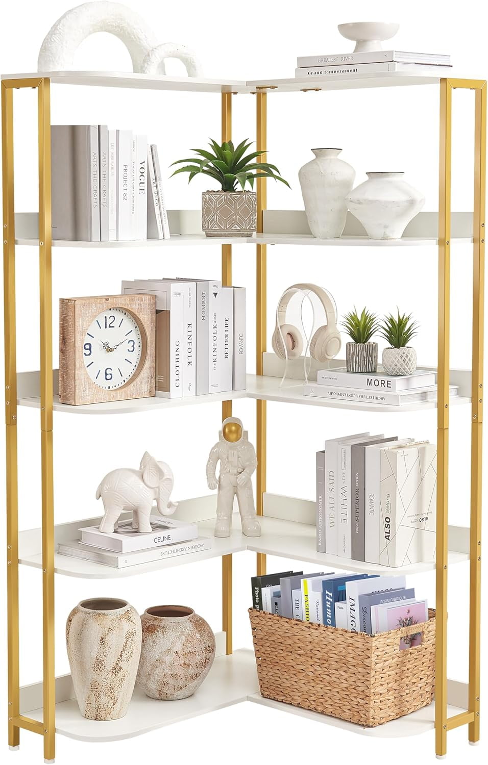 Gold L-Shaped Bookshelf, Modern Corner Bookshelf with Storage Corner ...