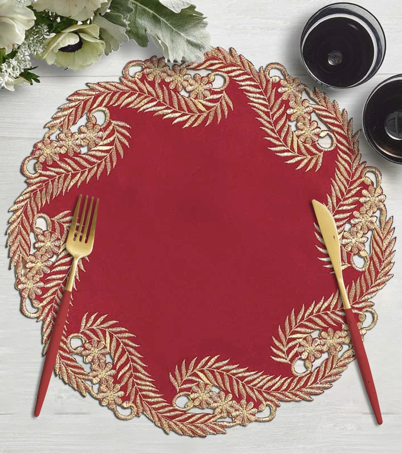 Gold Lace Burgundy Doilies Set of 4 - Round Placemats European ...