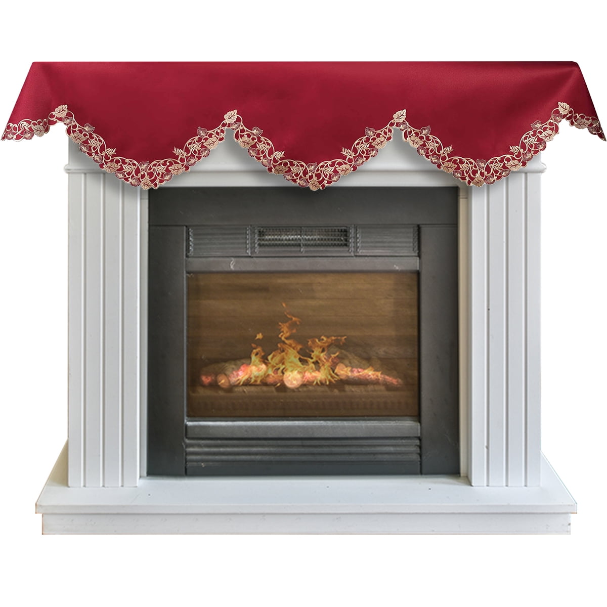 Gold Lace Burgundy Mantel Scarf Cover, Intricate Cutouts Embroidery for ...