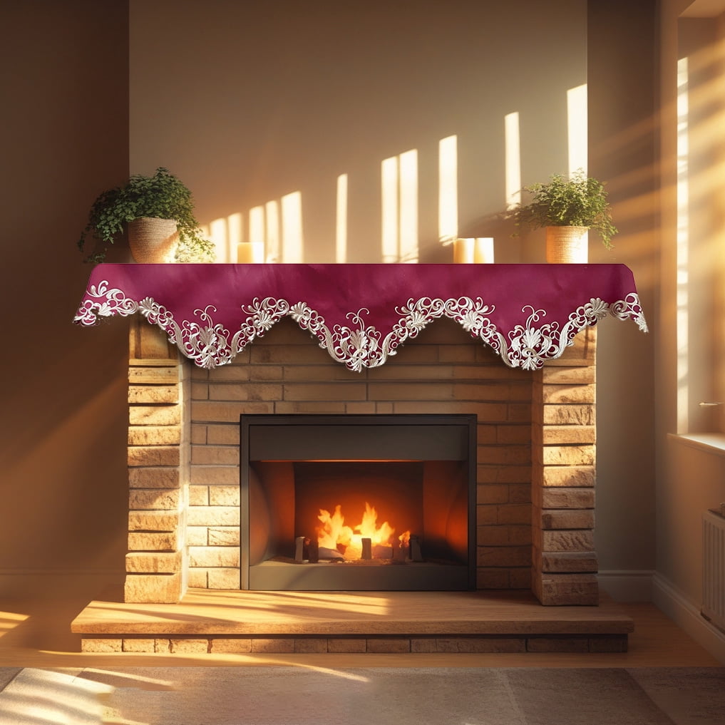 Gold Lace Burgundy Mantel Scarf Cover - Intricate Cutouts Embroidery ...