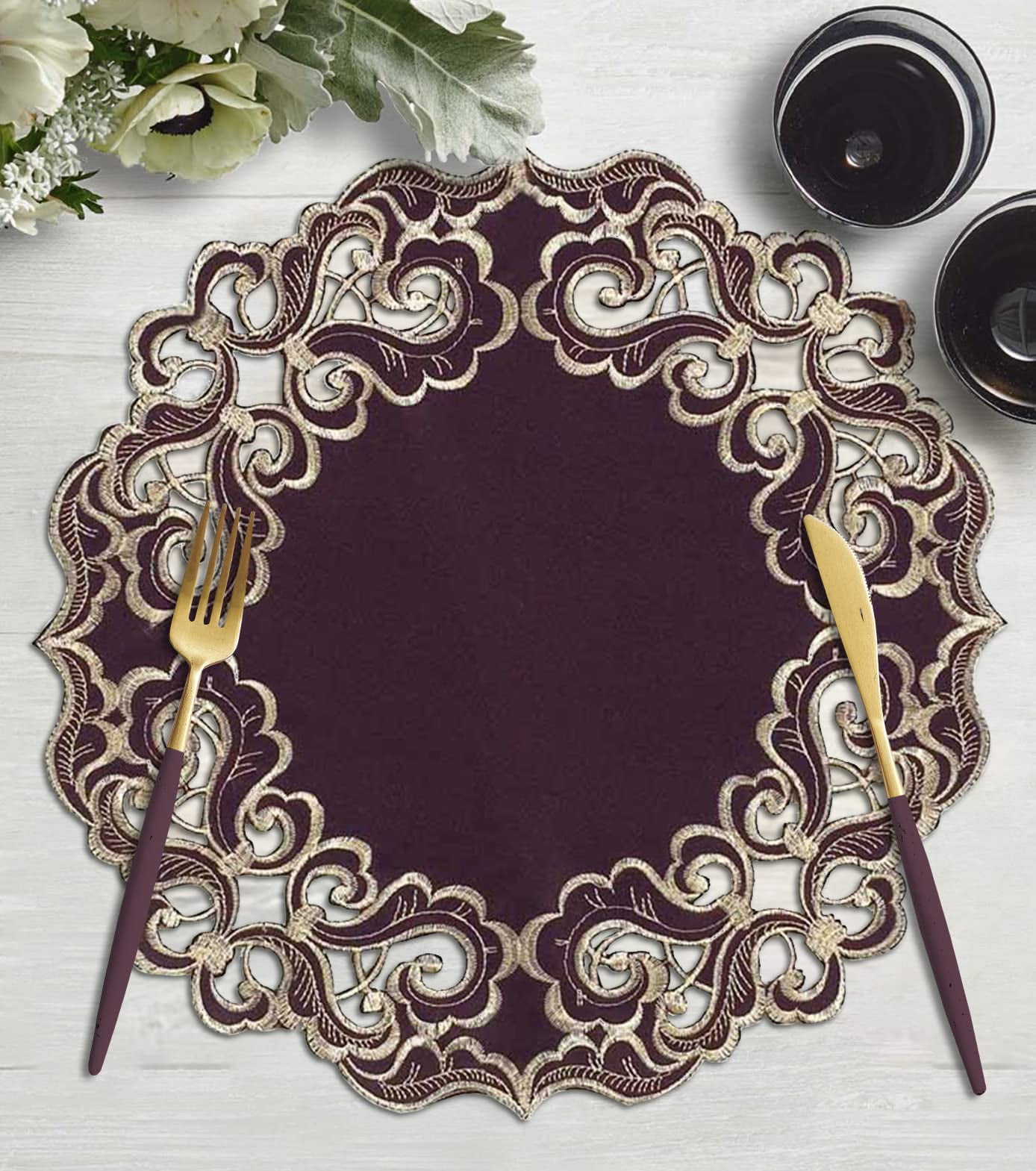 Gold Lace Plum Doilies Set of 4 - Round Placemats European Embroidery ...
