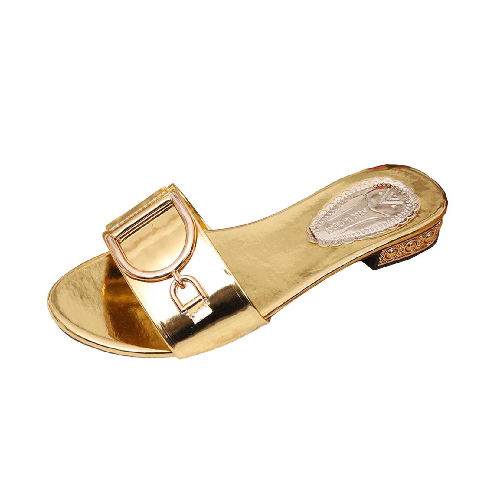 Gold Ladies Low Heel Metal Embellished Outdoor Slippers Plus Size Cozy ...