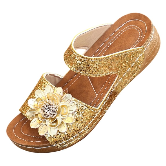 Gold Ladies Shimmering Floral Wedge Heel Slippers Open Toe Fish Mouth ...