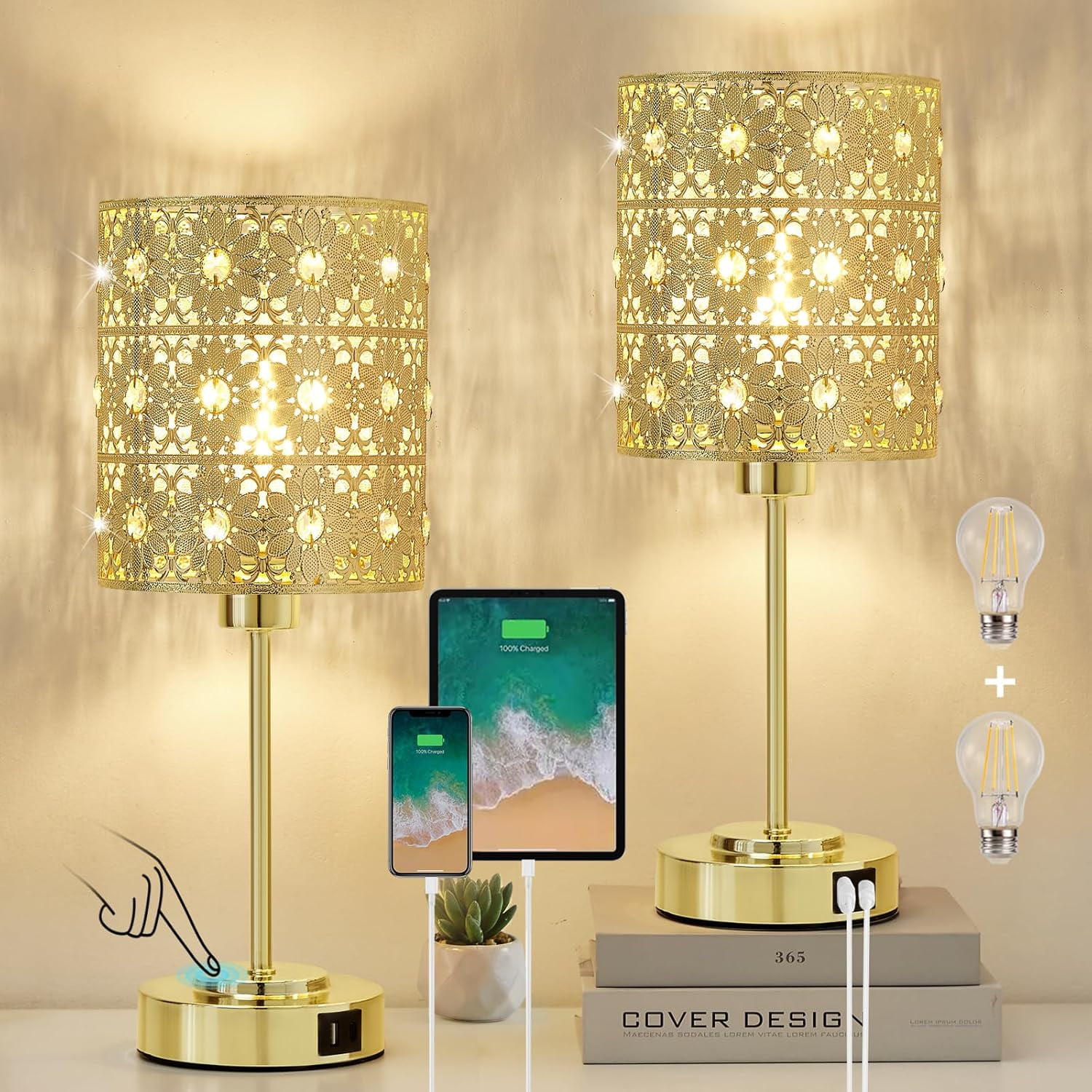 Gold Lamps Set of 2, Touch Control Table Lamp with USB C+A Ports, 3 Way ...