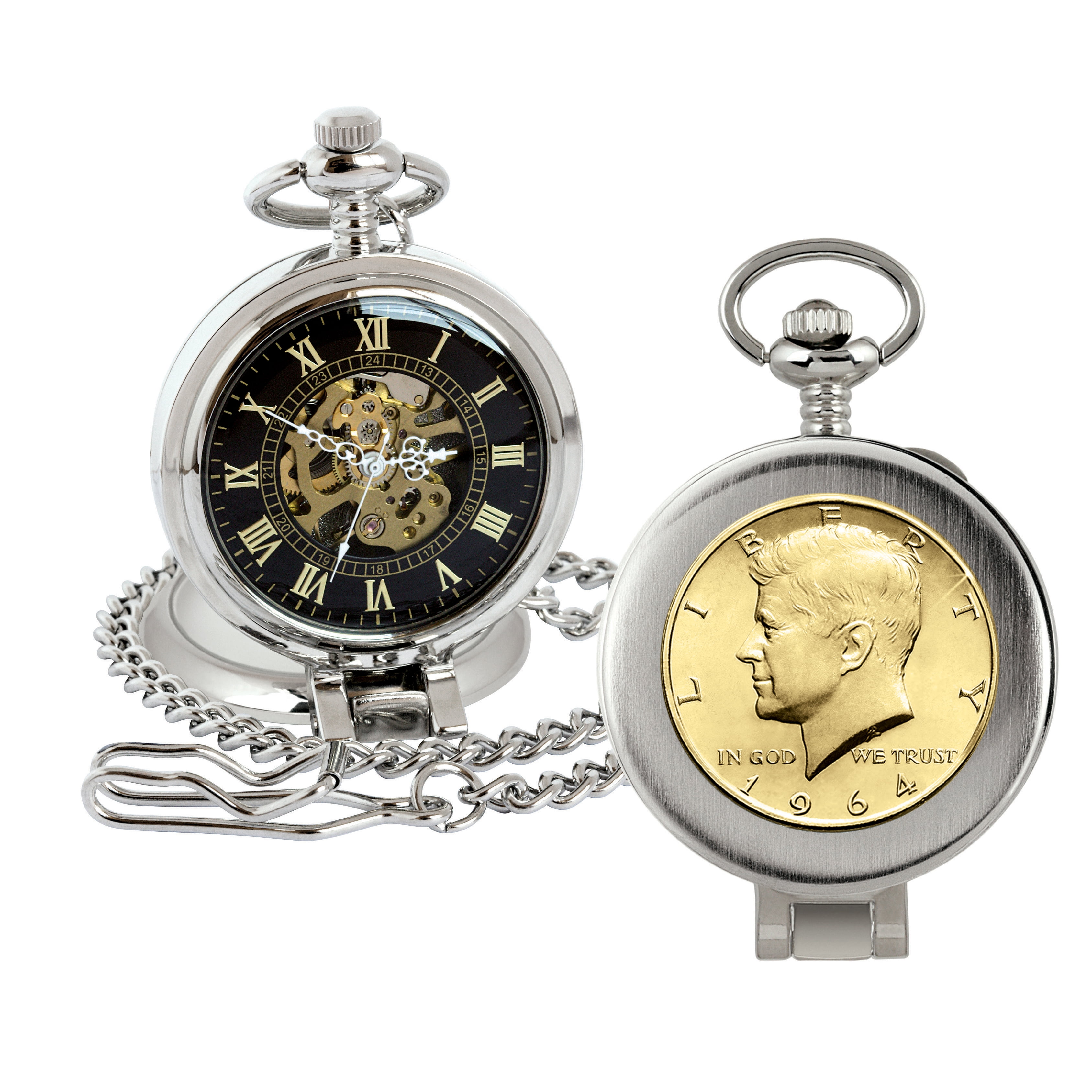 Gold Layered 1964 Silver JFK Half Dollar Coin Pocket Watch with ...