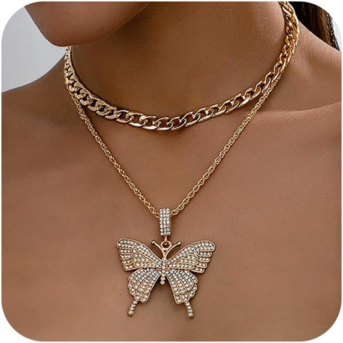 Gold Layered Butterfly Necklace for Women 14K Plated Rhinestone Pendant ...