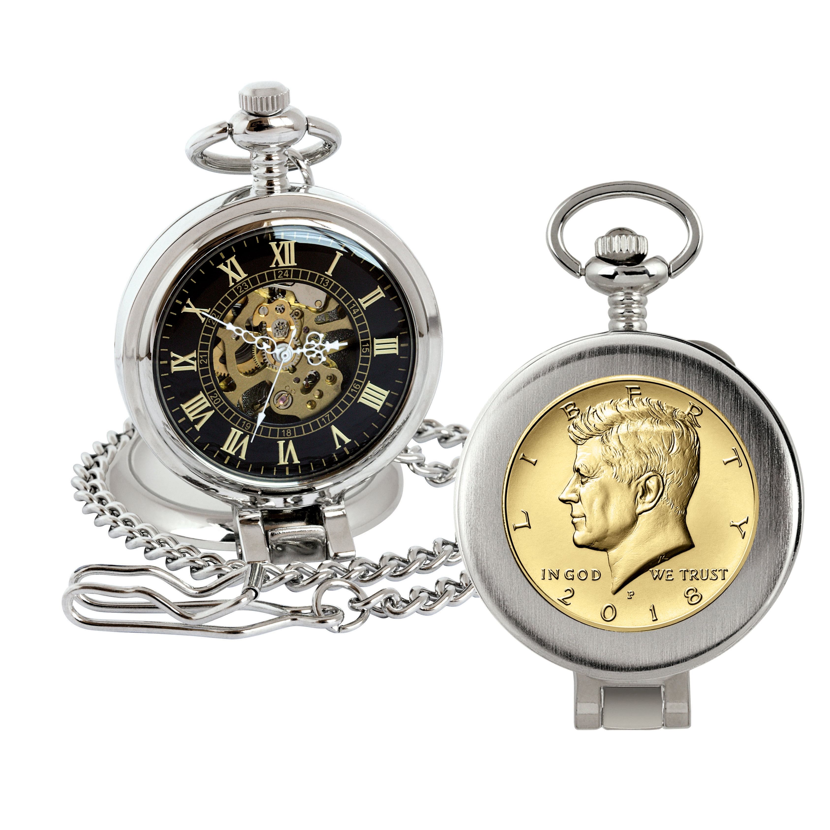 Gold Layered JFK Half Dollar Coin Pocket Watch with Skeleton Movement ...
