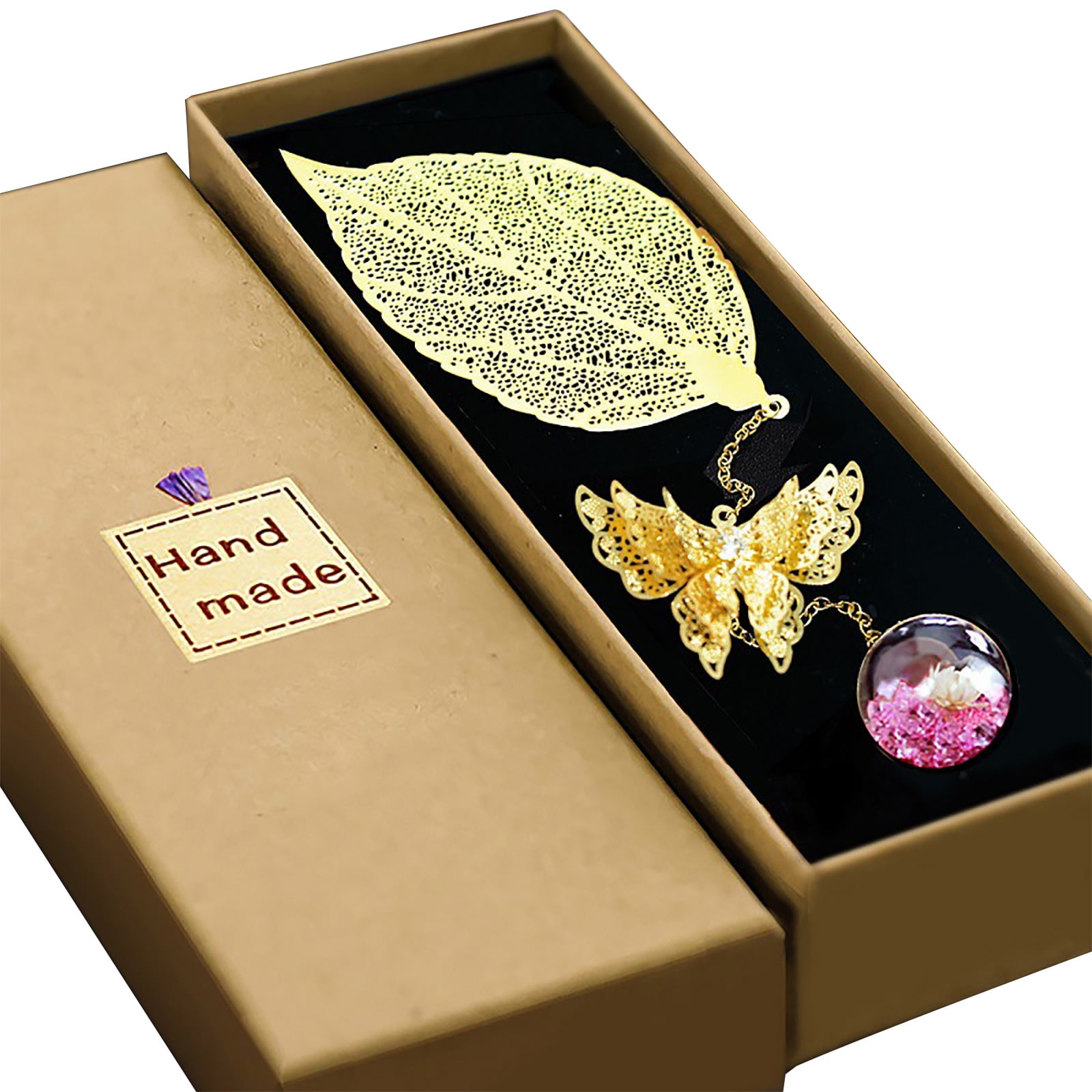 Gold Leaf + Butterfly + Pink Diamond White Flower Metal Bookmark Leaf ...