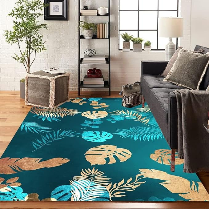 Gold Leaf Pattern Area Rugs, Tropical Botancial Carpet, Soft Non-Skid ...
