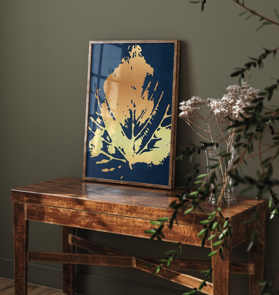 Gold Leaf Print, Botanical Wall Art, Navy Blue and Gold, Floral Leaf ...