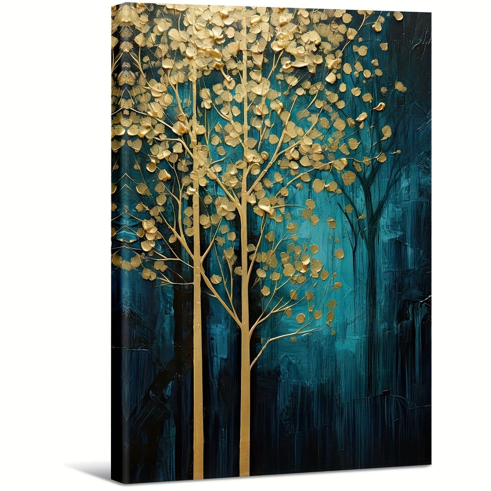 Gold Leaf Tree On A Dark Teal Background Large Wooden Framed Wall Art Home Decor Canvas Painting ...