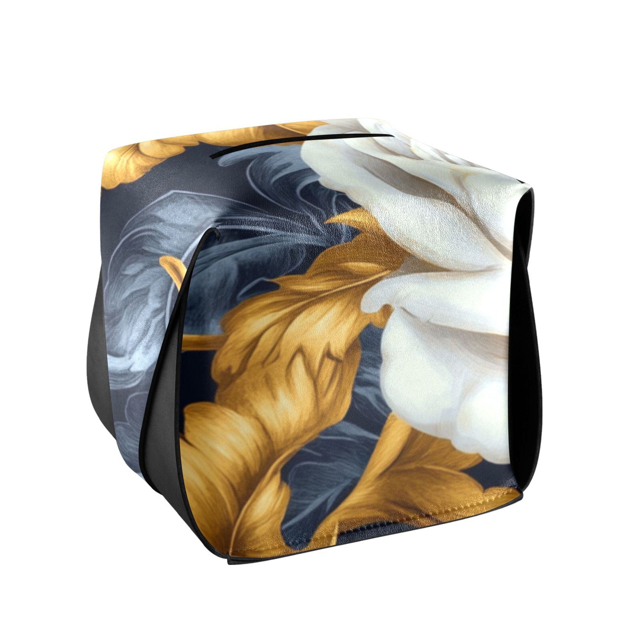 Gold Leaf White Flowers Tissue Box Cover Leather Square Rectangle ...