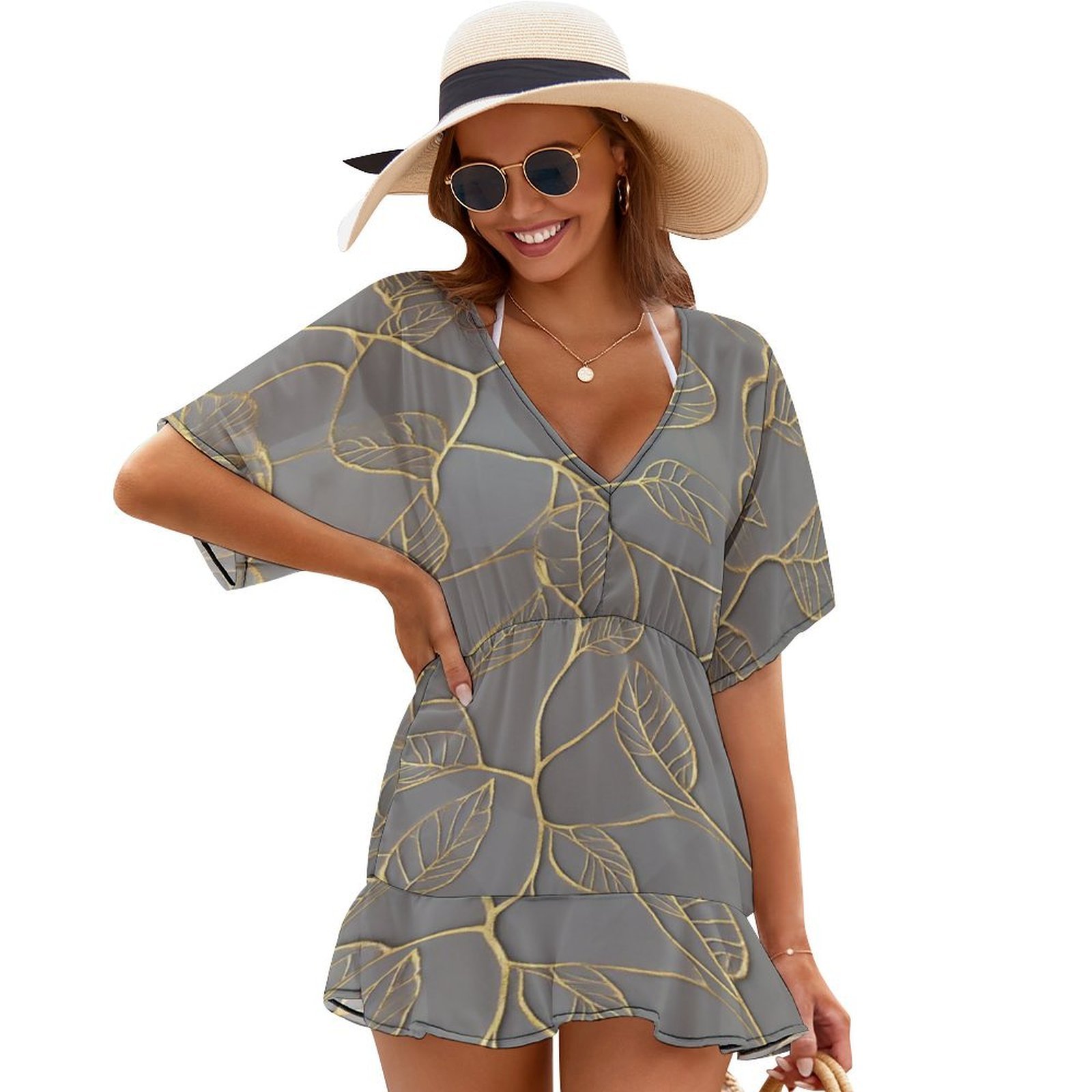 Gold Leaves Gray Background Elegant Design Women's Luxury Party Dress ...