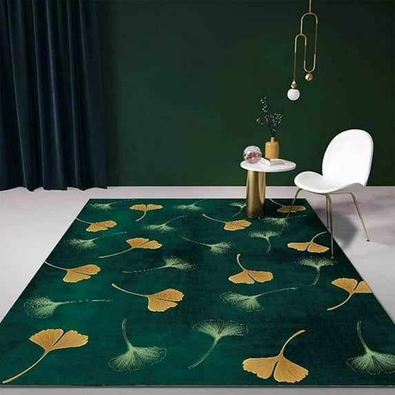 Gold Leaves Pattern Area Rug, Retro Accent Emerald Green Non-Slip ...