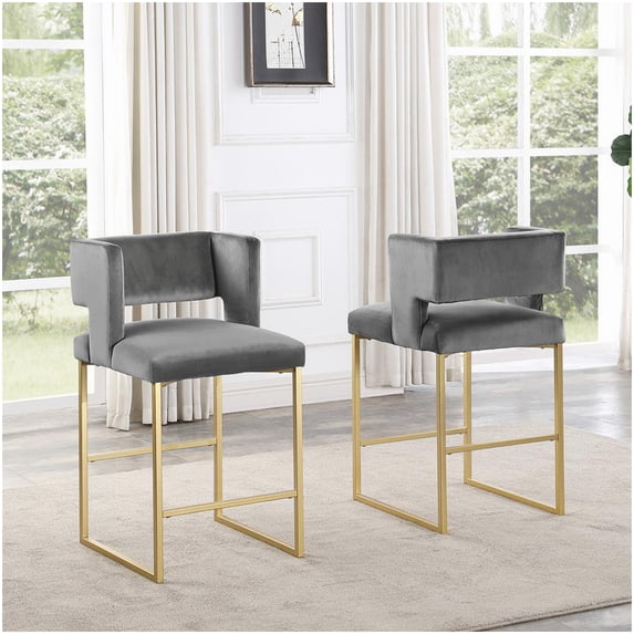 Gold Leg Bar Stools Set of 2, 27 Inch Counter Stool with Gray Velvet ...