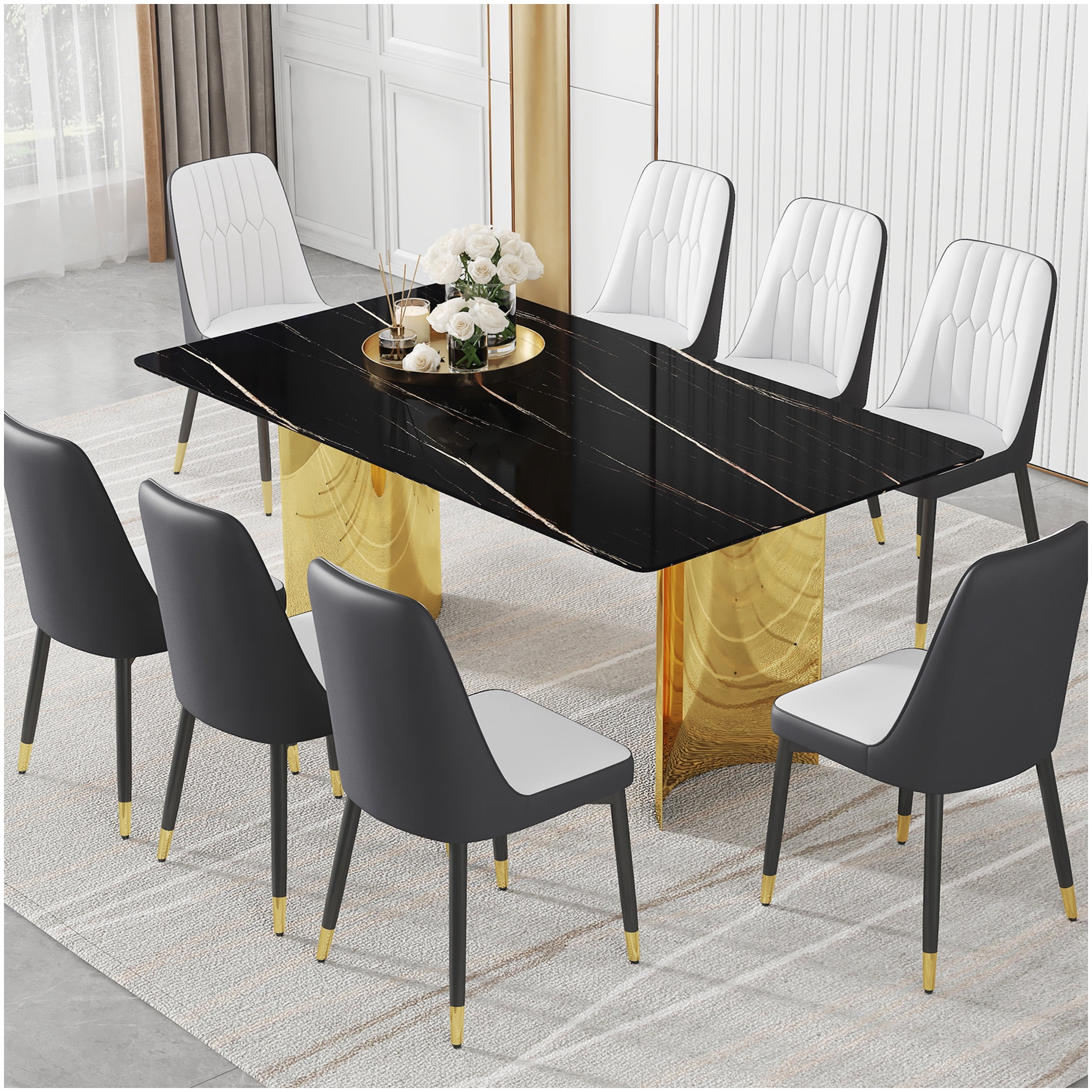 Gold Leg Dining Table Set, 8-Seater with Marble Glass Top and Gray ...