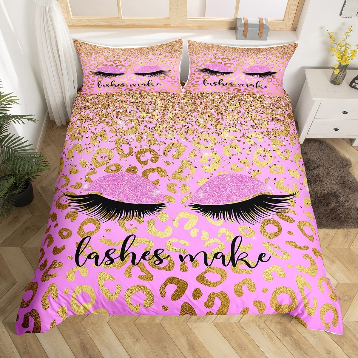 Gold Leopard Glitter Duvet Cover Set Full Size,Long Eyelashes Glamorous ...