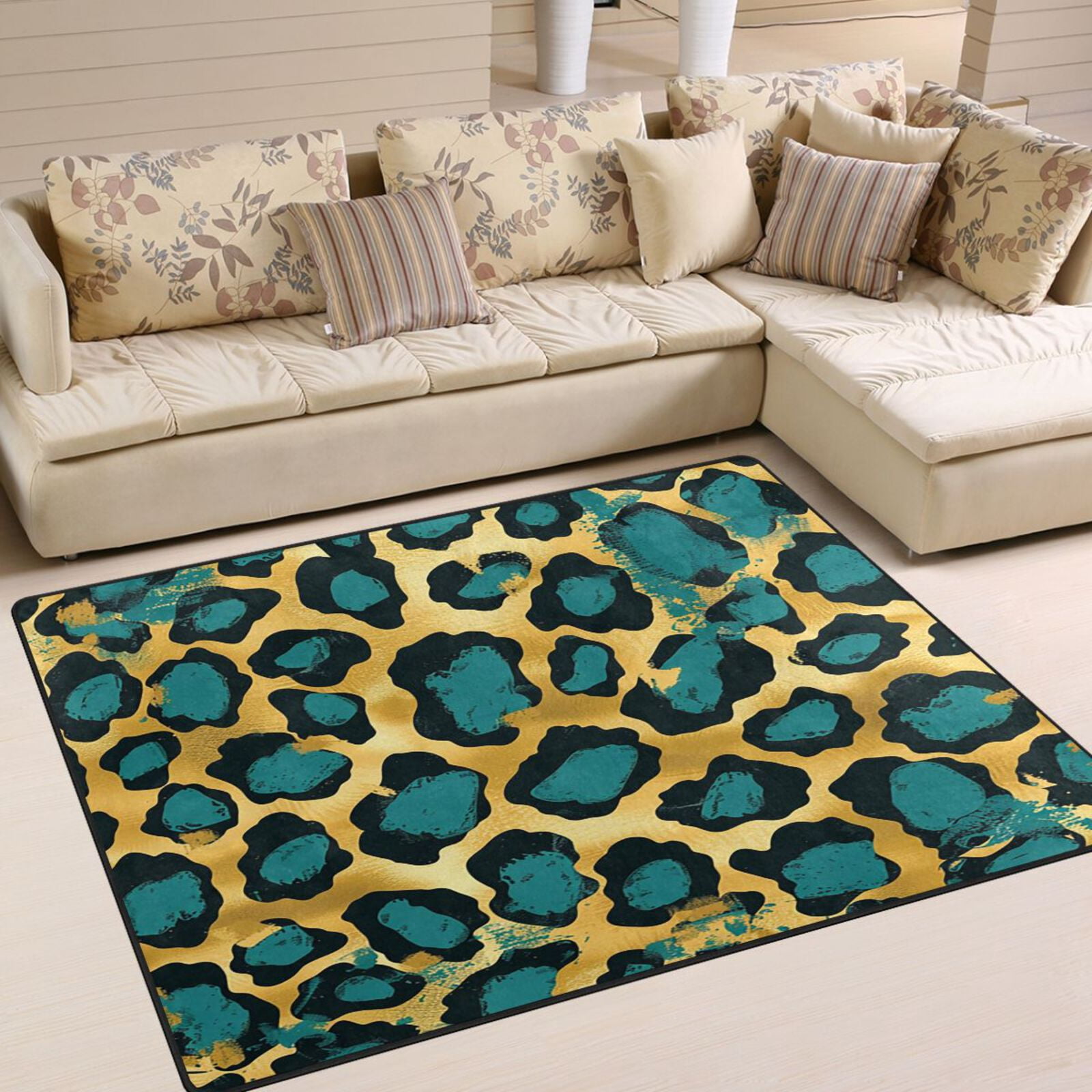 Gold Leopard Print Area Rug Washable 80 x 58 Floor Carpet Mat Non Slip ...